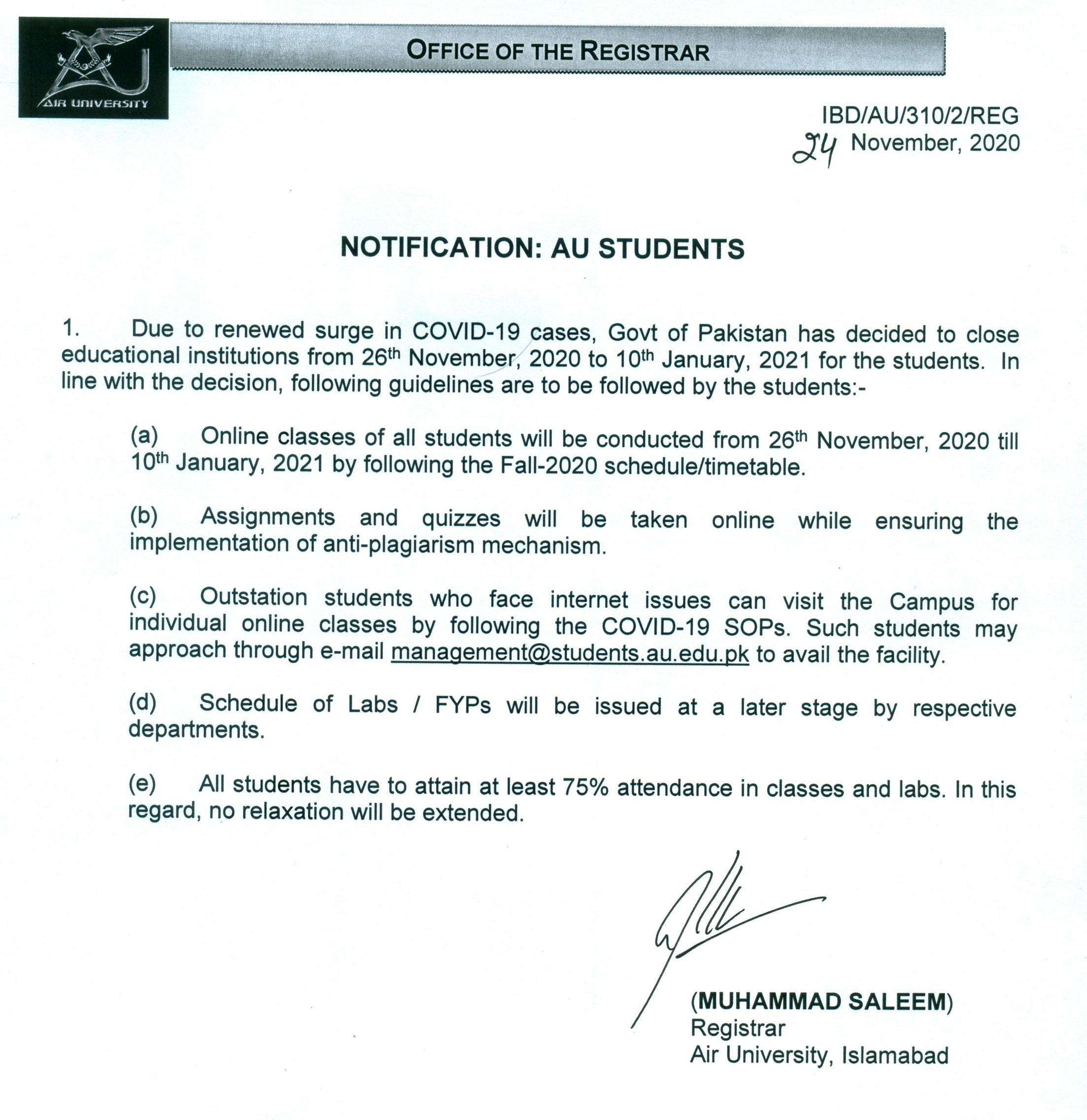 AIR UNIVERSITY NOTIFICATION – Fazaia College of Education For Women